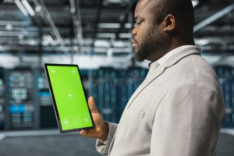 Close Up of Data Center Computer Scientist Using Mockup Tablet in Data ...