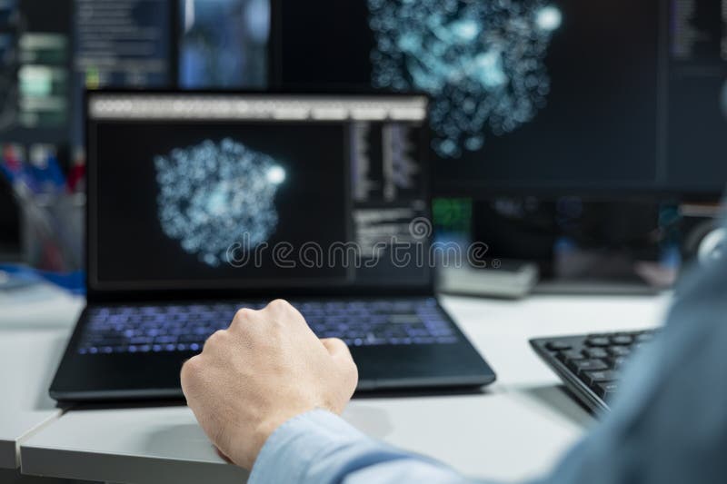 Close Up of Data Center Developer Using Laptop, Monitoring AI Systems ...