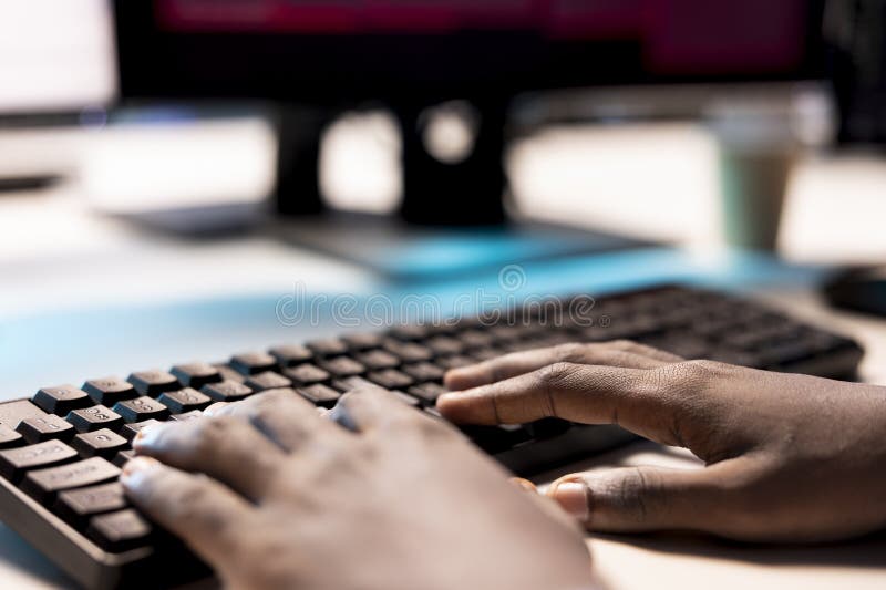 Close Up of Data Center Employee Typing on Keyboard, Using Diagnostic ...