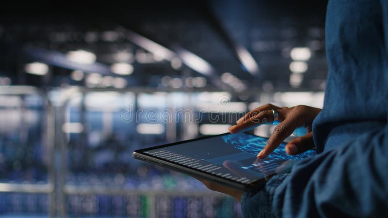 Close Up of Data Center Engineer Using Tablet, Doing Maintenance on AI Rigs Stock Image - Image ...