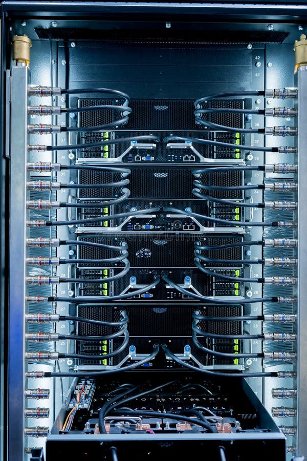 Close Up of a Data Center and Processing Unit with Cables and ...