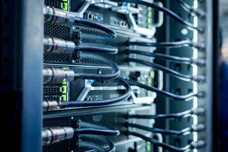 Close Up of a Data Center and Processing Unit with Cables and ...