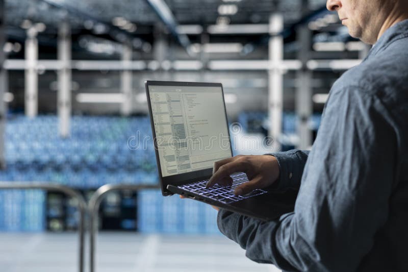 Close Up of Data Center Programmer Coding on Laptop, Monitoring Error Logs Stock Image - Image ...