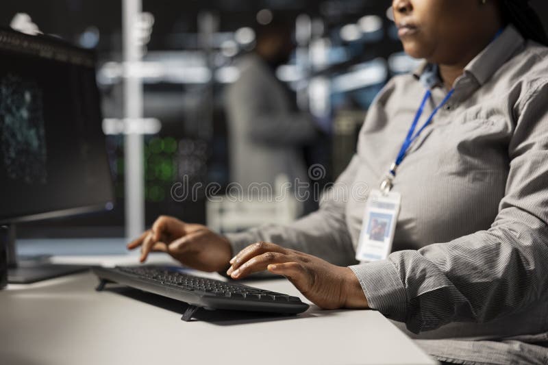 Close Up Of Data Center Programmer Coding Writing Script On Pc Stock Image Image Of