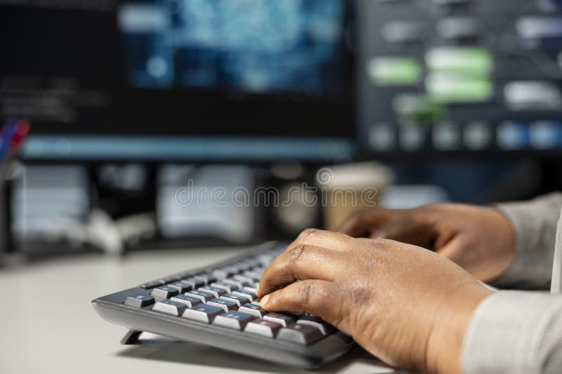 Close Up of Data Center Programmer Typing on PC Keyboard, Using AI ...