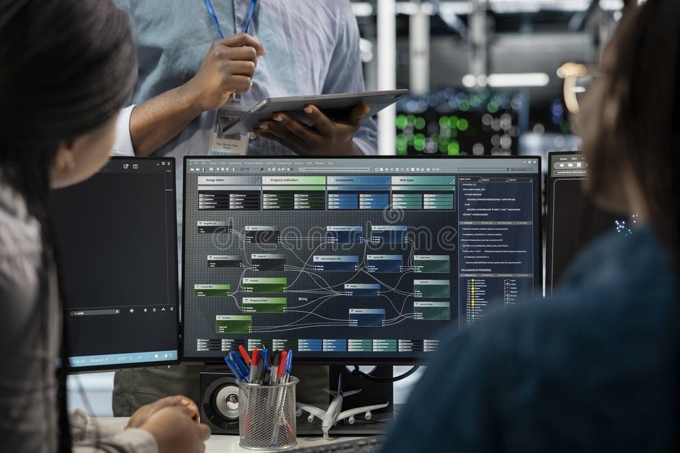 Close Up Of Data Center Programmers Using Pc To Visualize Ai Neural