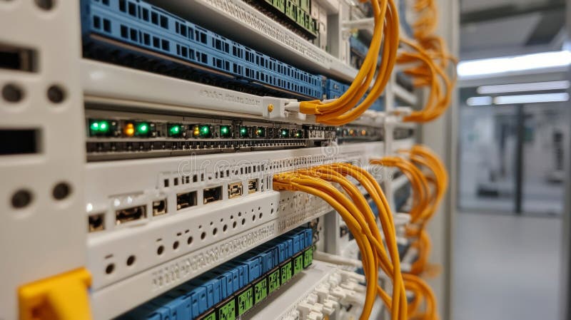 Close Up of Data Center Server Rack with Orange Fiber Optic Cables ...