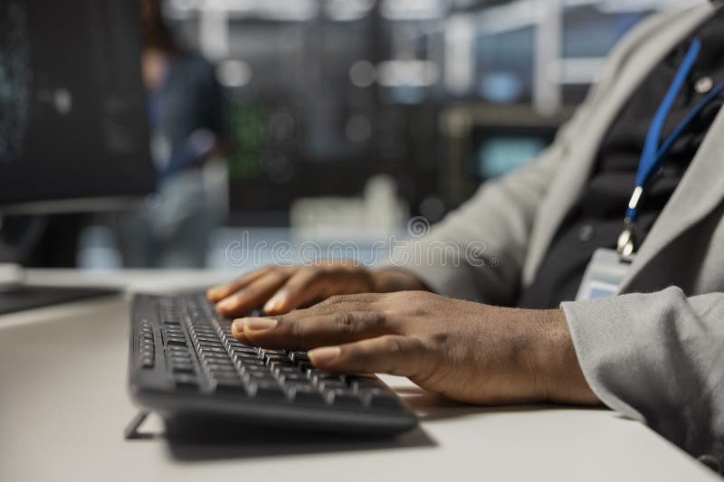 Close Up of Data Center Technician Typing on Keyboard, Inspecting Gear ...