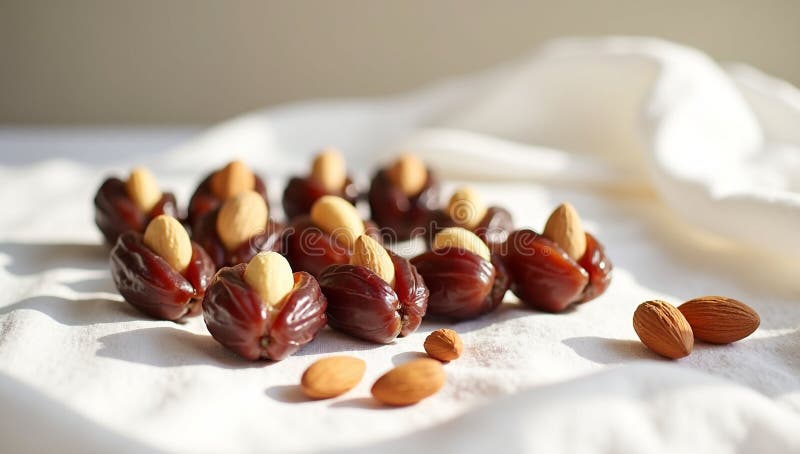 Close Up of Dates Filled with Almonds on a White Cloth Under Natural ...