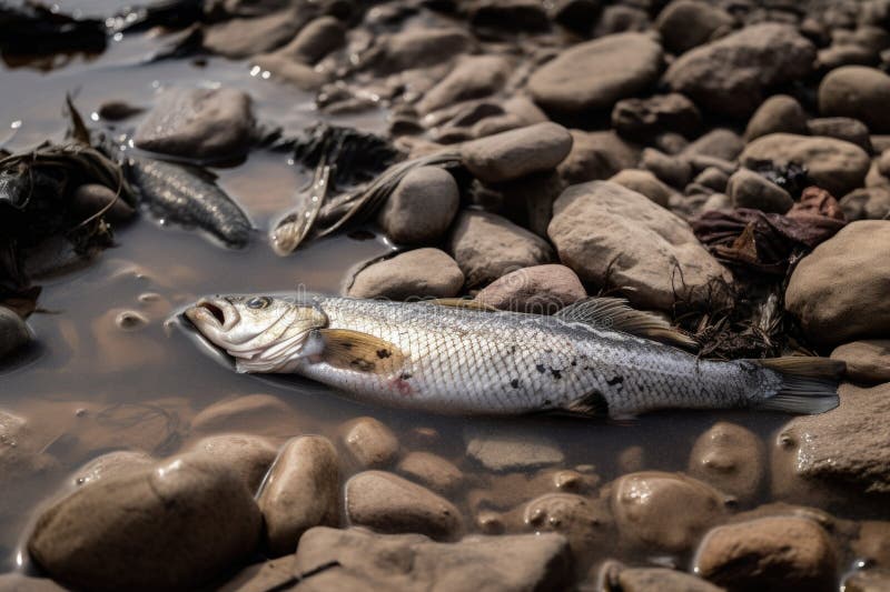 Close-up of Dead Fish on the Riverbed, Killed by Toxic Runoff Stock ...