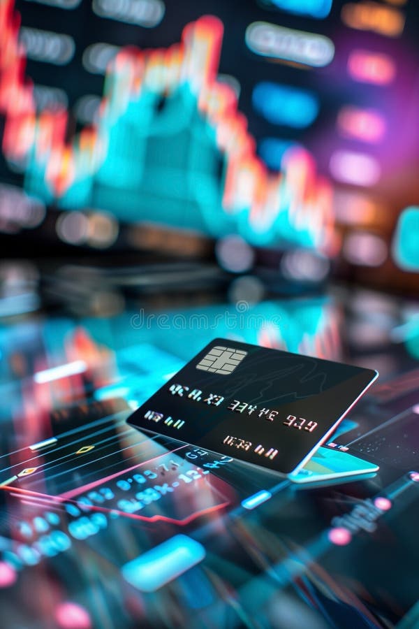 Close-up of a Debit Card on a Glowing Data Visualization Screen ...