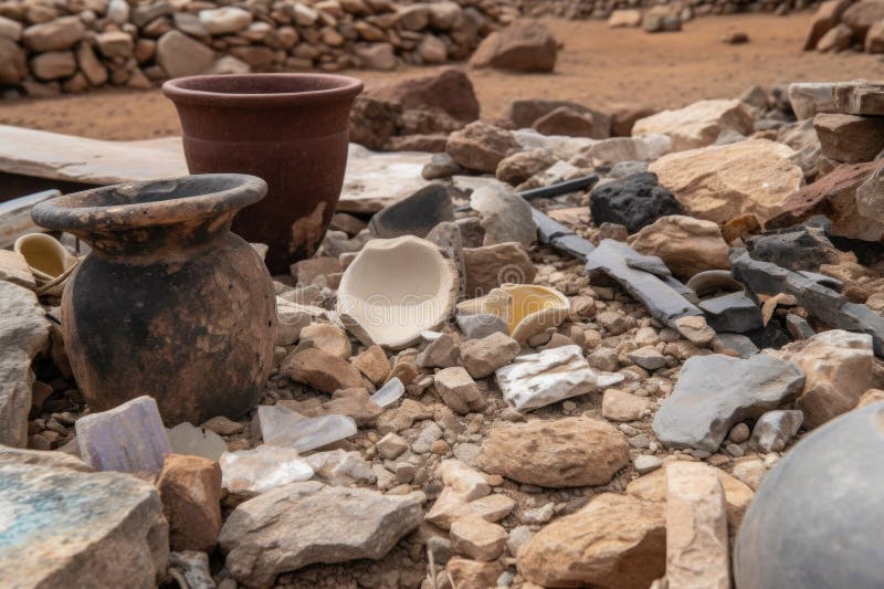 Close-up of Debris from Ancient Ruins, with Fragments of Pottery and ...