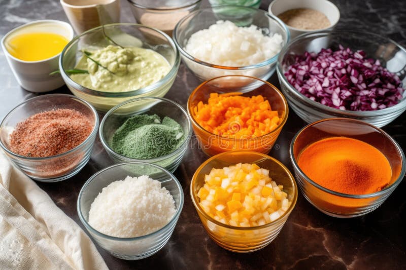 Close-up of Deconstructed Recipe Ingredients, with Different Textures ...