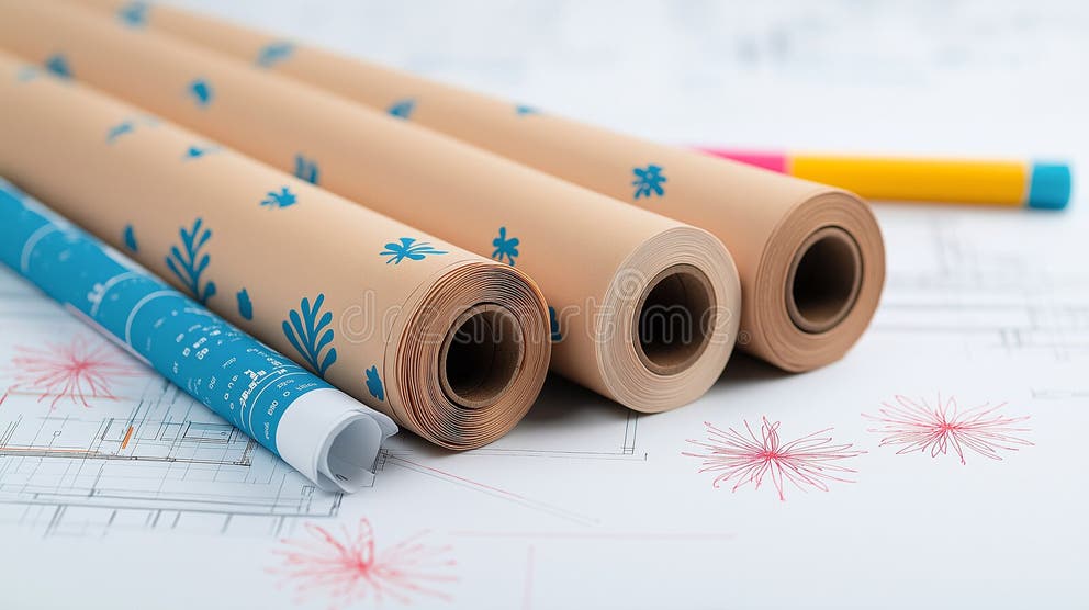 Close Up of Decorative Rolls and Drawings on Workspace Showcasing ...