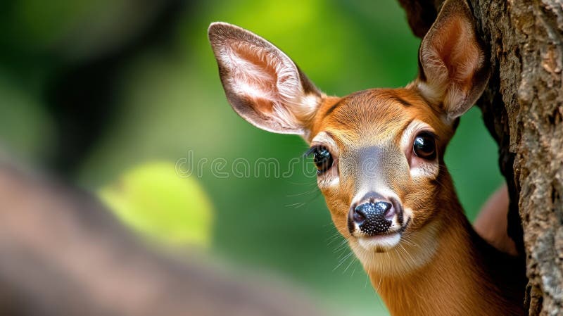 A Close Up of a Deer Looking Out from Behind the Tree, AI Stock Photo ...