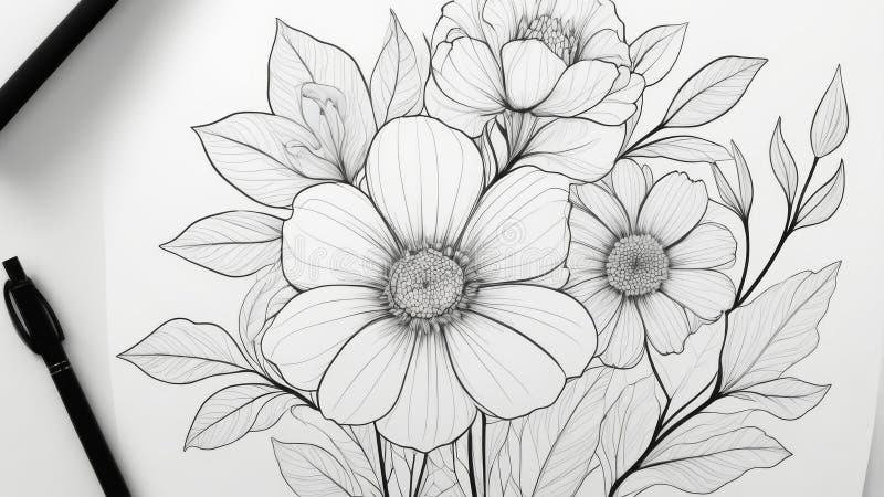Closeup of a Delicate Line Drawing of Flowers Stock Illustration ...