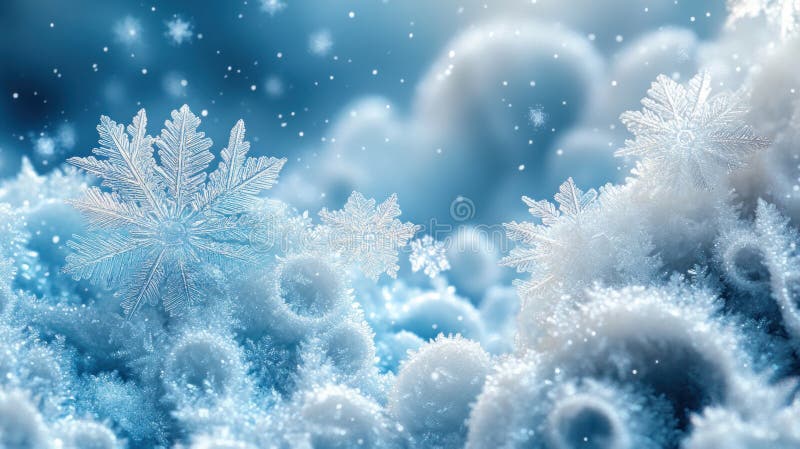 A Close-up of Delicate Snowflakes Falling on a Background of Blue and ...