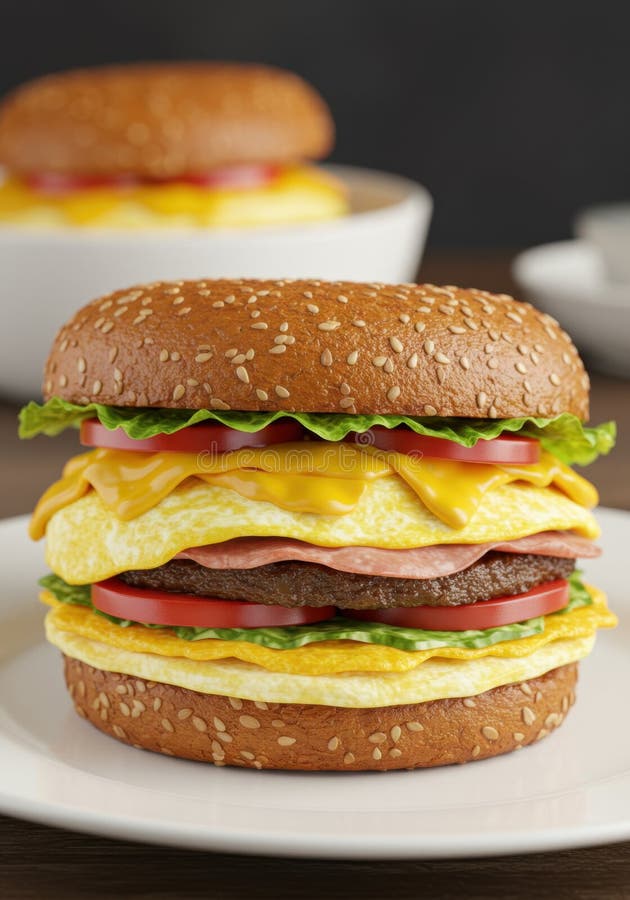 Close Up of a Delicious Breakfast Burger with Egg, Ham and Cheese Stock ...