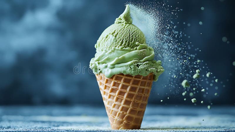 A Close Up of a Delicious Matcha Ice Cream Cone with Powder Exploding ...