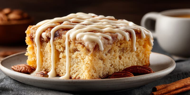 Close-Up of a Delicious Slice of Glazed Cinnamon Roll Cake Served on a ...
