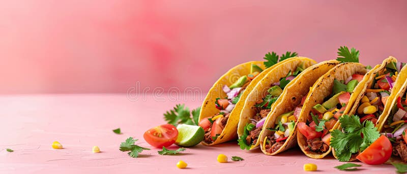 Close-up of Delicious Tacos on Pink Surface Stock Illustration ...