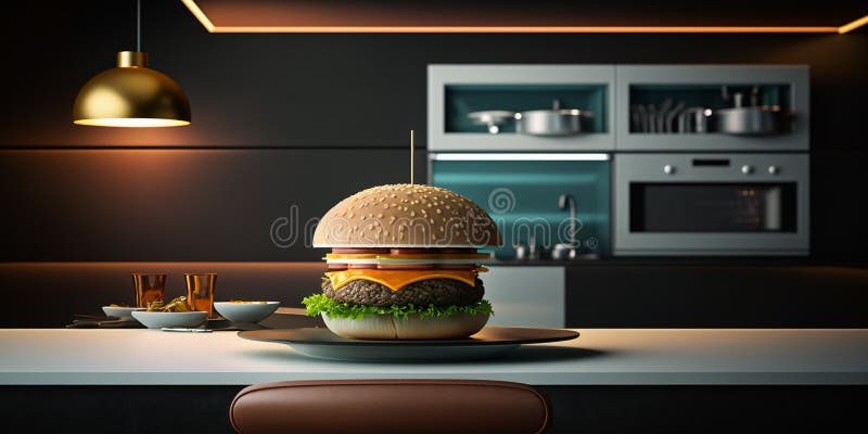 Close-up of a Delicious Whole Hamburger on a Luxe Modern Kitchen. AI ...