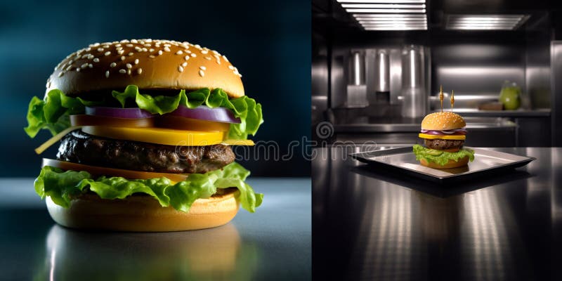 Close-up of a Delicious Whole Hamburger on a Luxe Modern Kitchen. AI ...