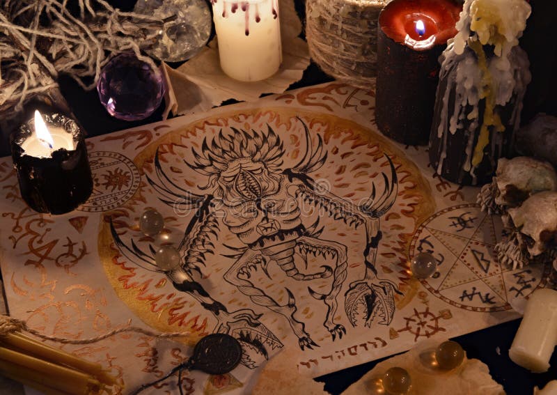 Close Up of Demon Drawing on Old Parchment and Magic Ritual Objects ...