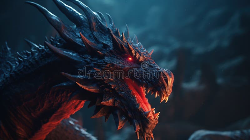 A Close Up of a Demonic Looking Dragon with Red Eyes Stock Illustration ...