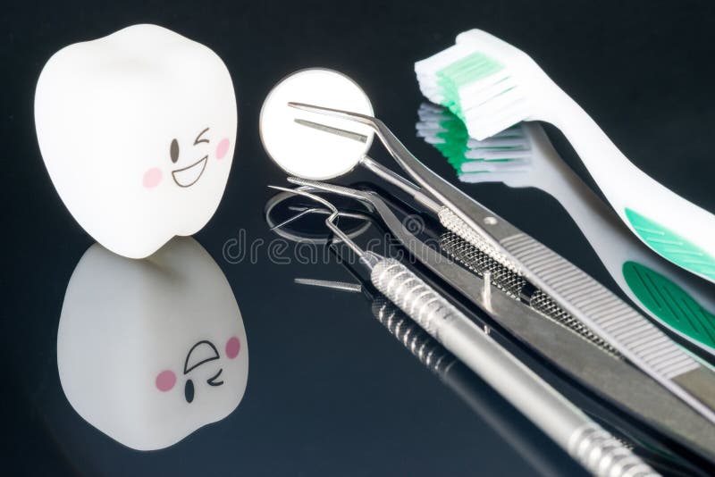 Close Up; Dental Tools and Smile Teeth Mode. Stock Image - Image of ...