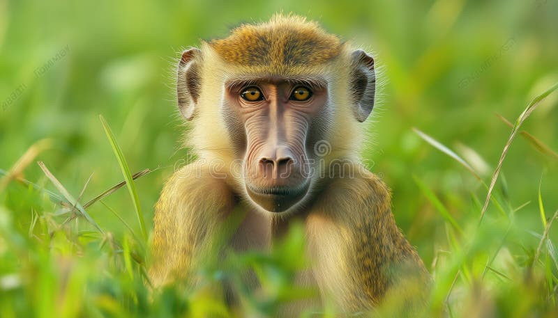 Close-Up Depiction of a Yellow Baboon S Face, Showcasing Its Distinct ...