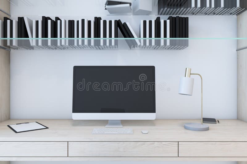Close Up of Designer Desktop with Empty Computer Screen, Bookshelves ...