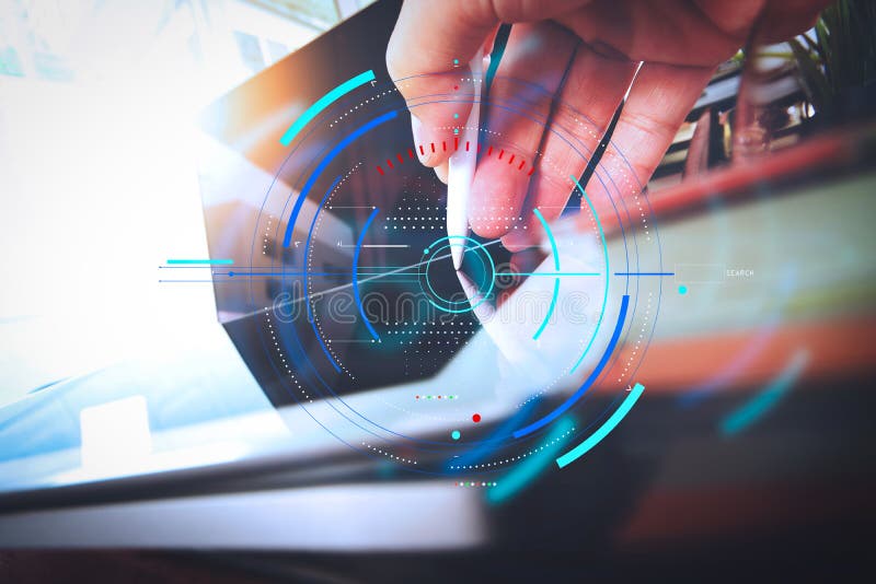 Close Up of Designer Hand Working with Laptop Computer on Wooden Stock ...