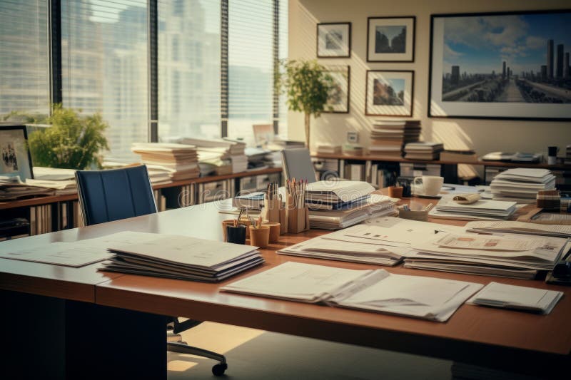 Close-up of a Desk in Modern Office. a Lot of Papers, Closed and Open ...