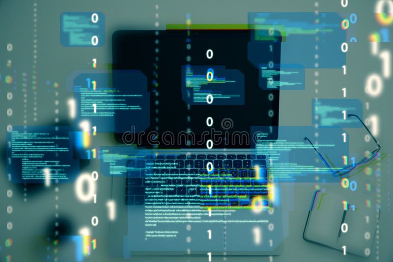 Close Up of Desktop with Notebook Computer and Abstract Coding Binary Code Hologram on Blurry ...
