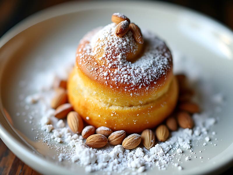Close-up of a Dessert Plate with Powdered Sugar Dusting and Almond ...