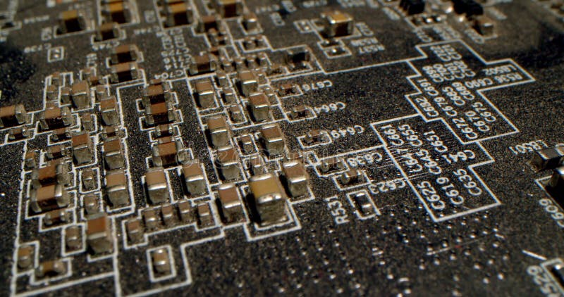 Close Up Detail of Electronic Components on PC. Macro Dolly Shot Side ...