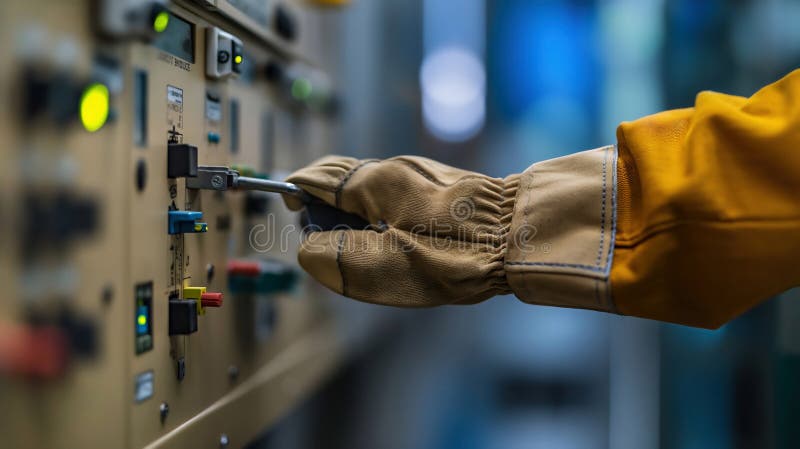 Close Up Detail of Hand Pulling the Lever in Electrical Control Panel ...