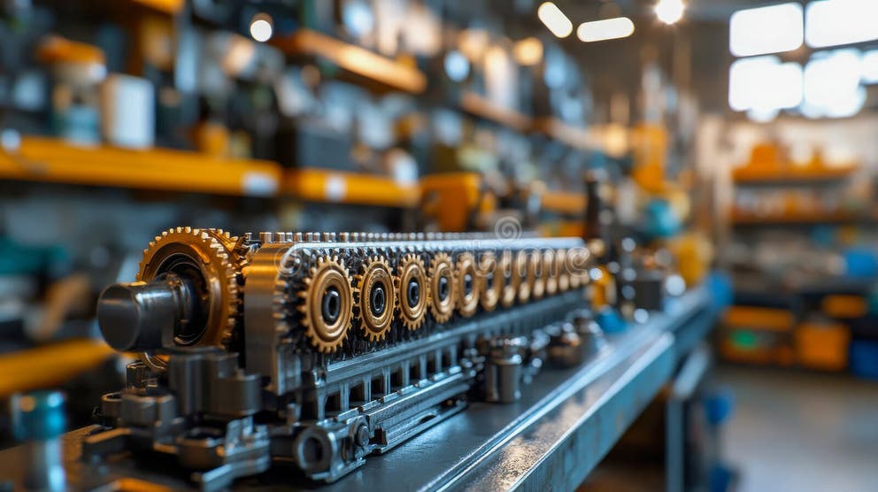 Close-up of a Detailed Gear Assembly on a Workbench in a Mechanical ...