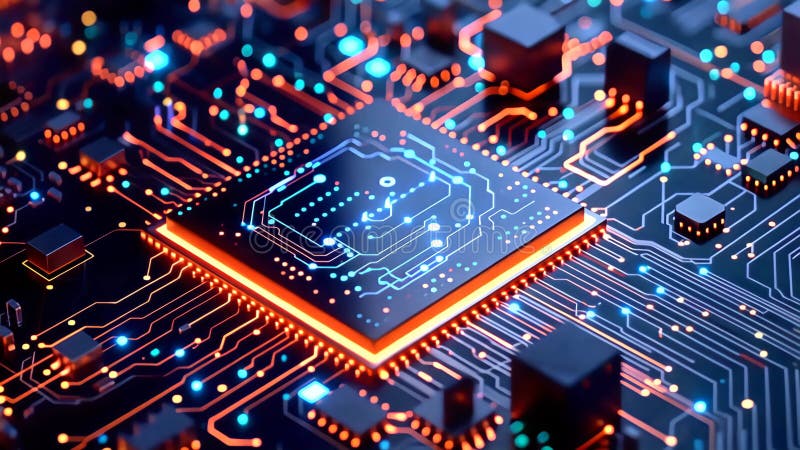 Close-Up of a Detailed High-Tech Microchip with Neon Blue Lights Stock ...