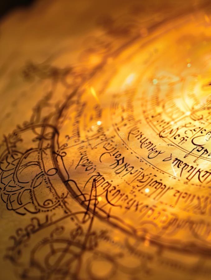 A Close-up of a Detailed Incantation Written on Parchment, Glowing ...
