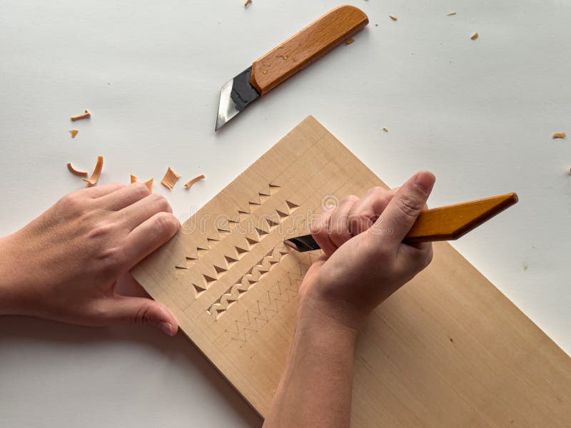 Close Up of Detailed Wood Carving Process with Tools Stock Photo ...