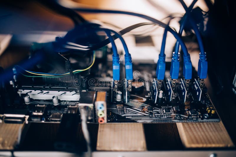 Details of Modern Mining Rig. Graphics Cards with Power Supply Mining ...