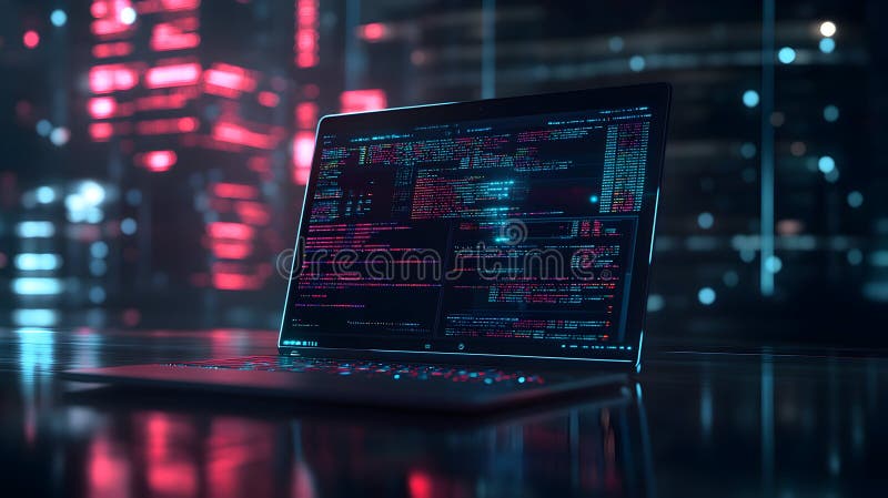 Close-Up of Developer Typing Code on a Laptop in a Dimly Lit Workspace, Creating Software ...