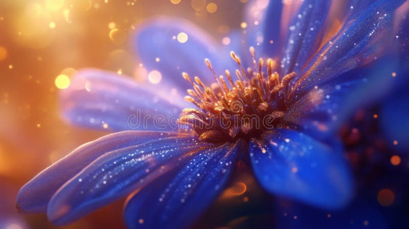 Close-Up of a Dew-Covered Blue Flower with Golden Lights Stock ...