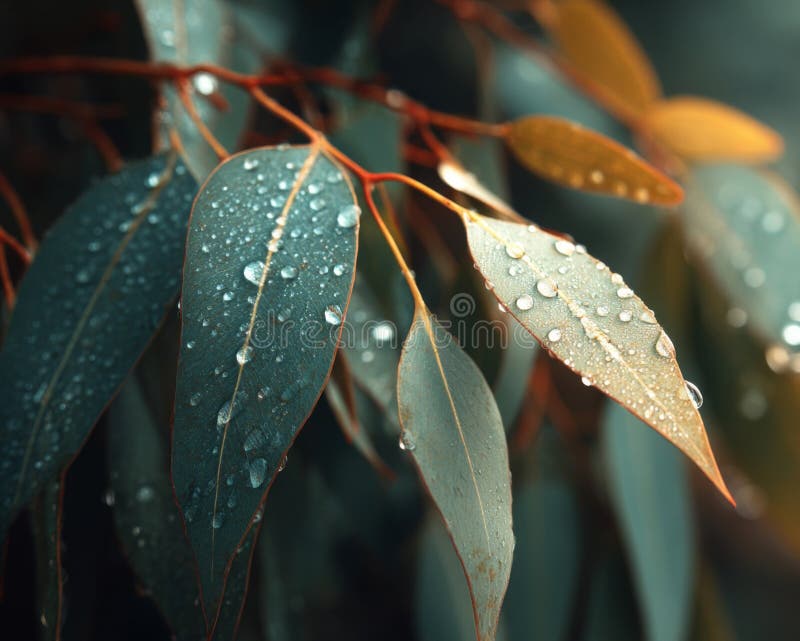 Close-Up of Dew-Covered Eucalyptus Leaves Stock Illustration - Illustration of macro, element ...