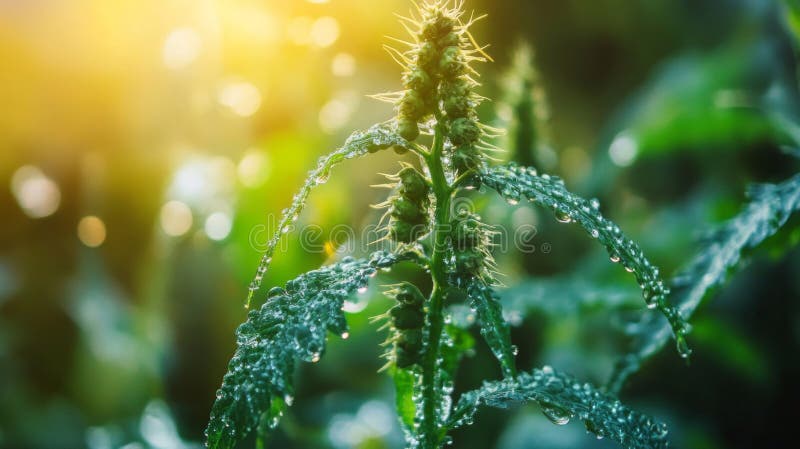 Close Up Dew Covered Green Plant in Sunlight Stock Illustration ...
