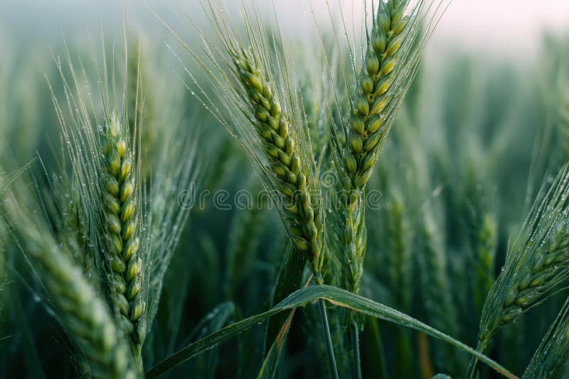 Close Up of Dew Covered Green Wheat Plants Stock Illustration ...