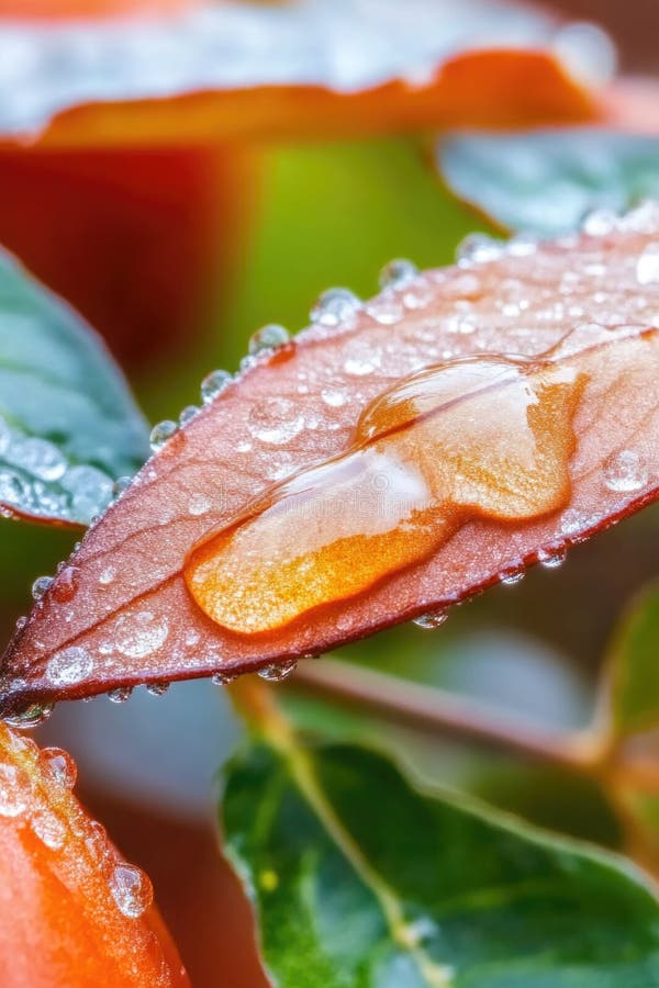 Close-up of Dew-covered Leaf with Vibrant Colors and Water Droplets ...