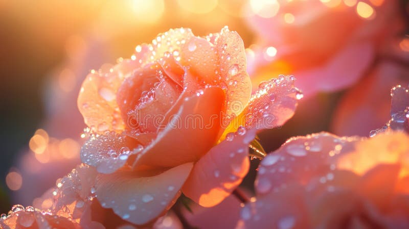 Close-up of a Dew-Covered Pink Rose Petal in Warm Sunlight Stock ...